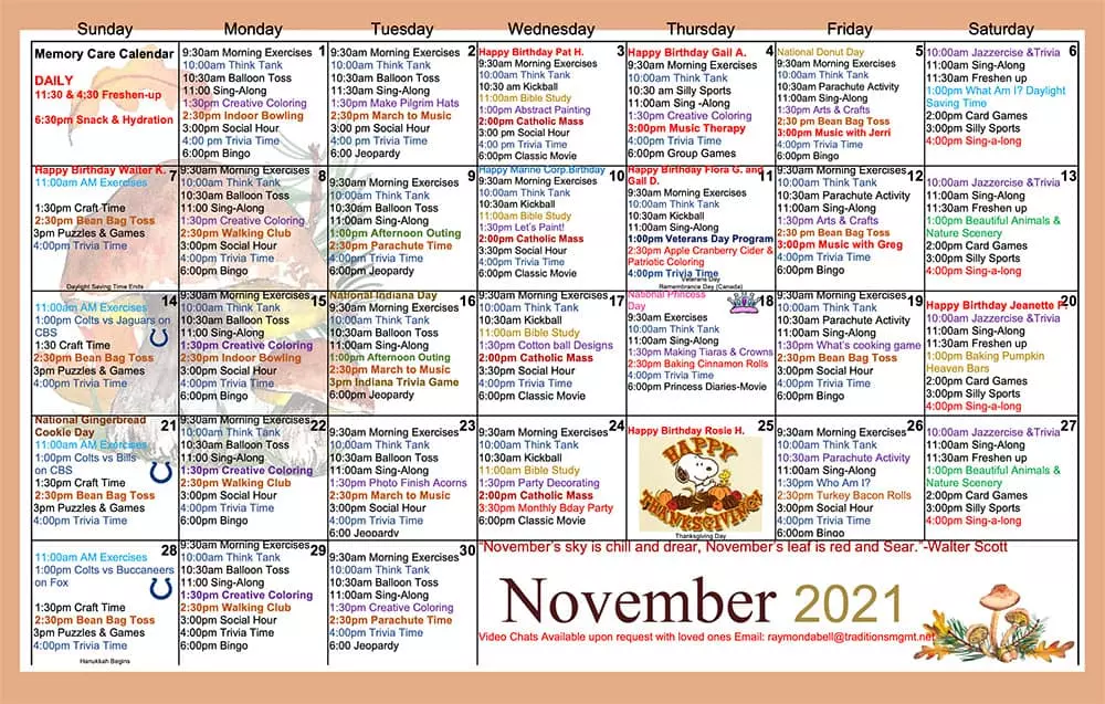 Memory Care Activity Calendar